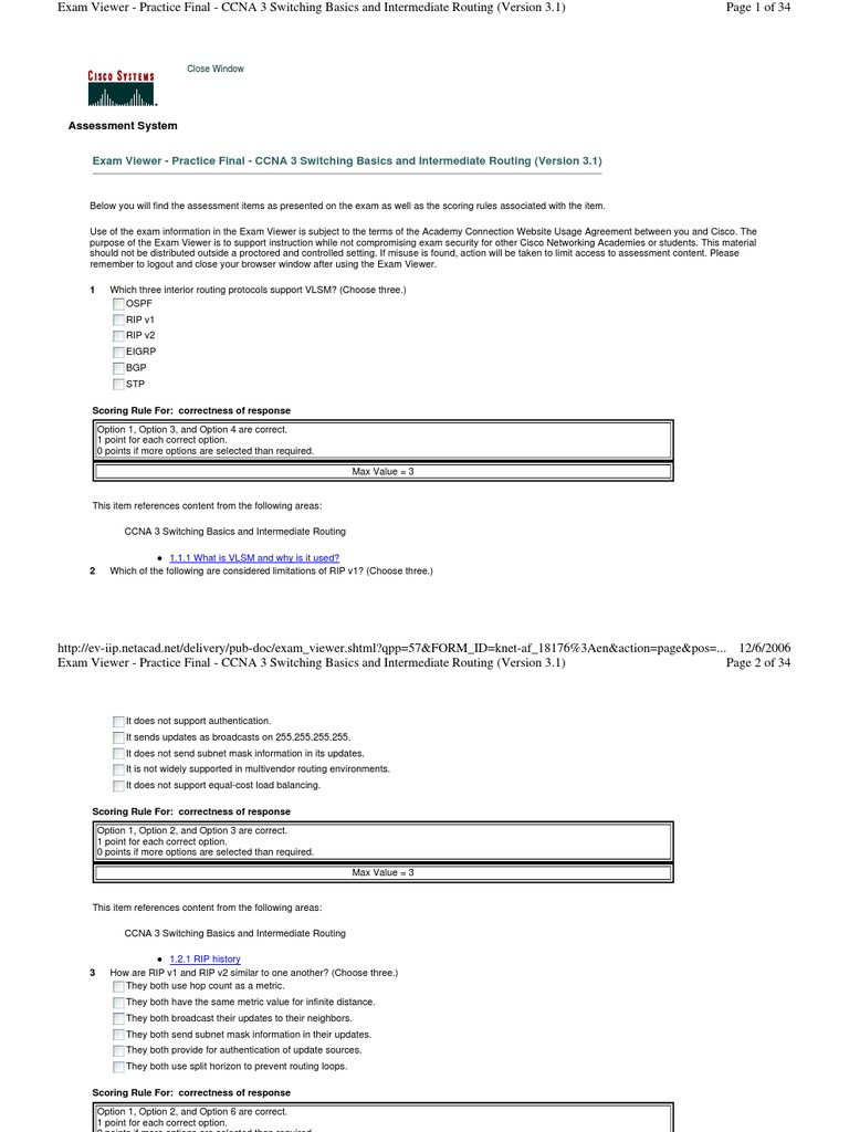 CCNA3 Practice Final | PDF | Network Switch | Routing