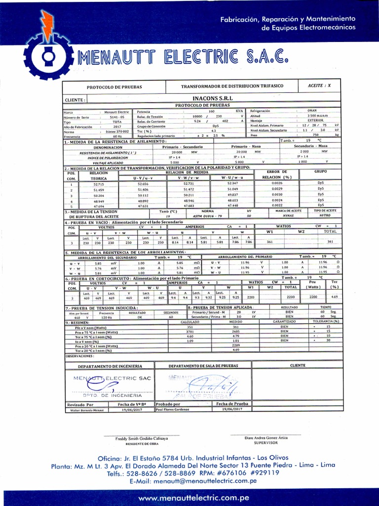 Protocolo de Pruebas Transformador 160 KV | PDF