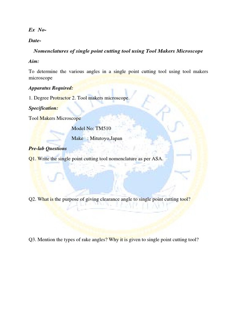 Nomenclatures of Single Point Cutting Tool Using Tool Makers Microscope | PDF | Microscope | Tools