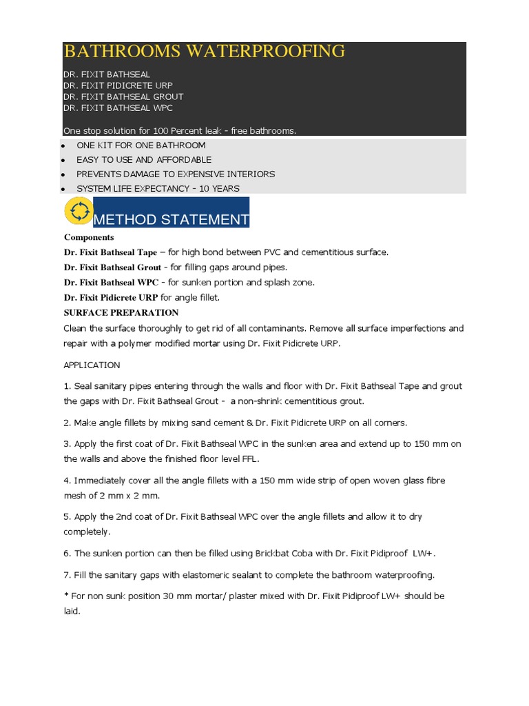 Bathrooms Waterproofing: Method Statement | PDF