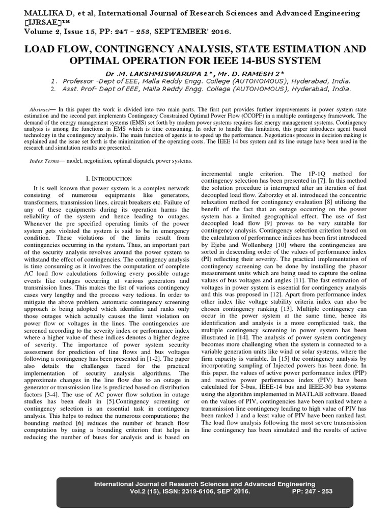 Load Flow, Contingency Analysis, State Estimation and Optimal Operation For Ieee 14-Bus System ...
