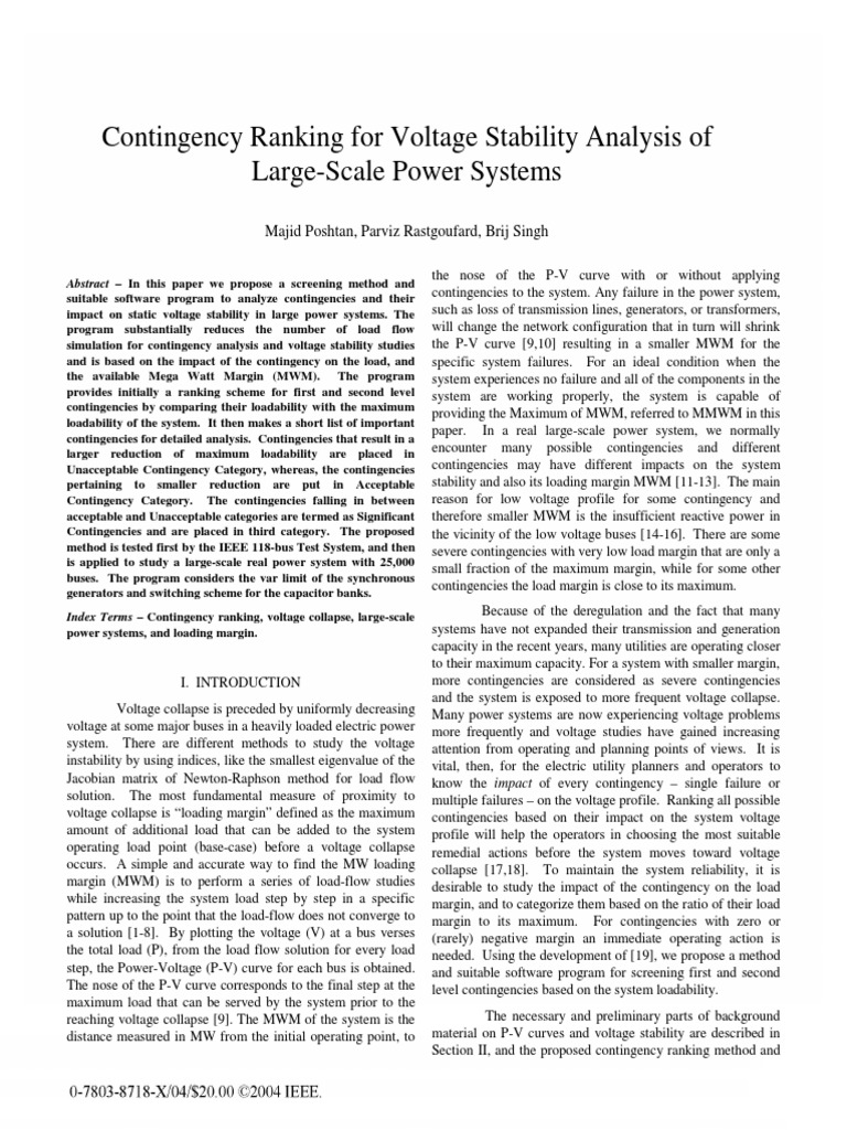 Contingency Ranking For Voltage Stability Analysis of Large-Scale Power Systems | PDF | Electric ...