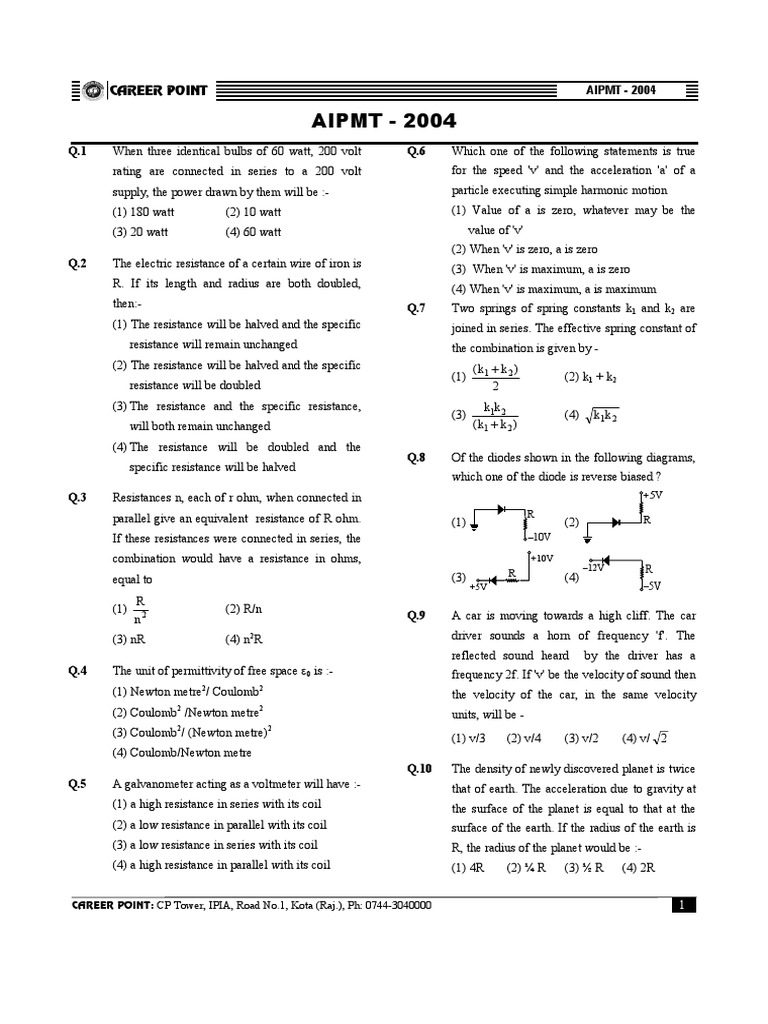 Medical Question Paper 2204 | PDF | Hydrogen | Photoelectric Effect