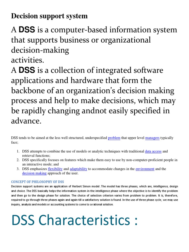 DSS Characteristics:: Decision Support System | PDF | Decision Support System | Decision Making