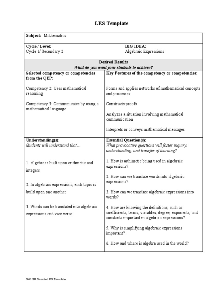 LES Template: What Do You Want Your Students To Achieve? | PDF ...