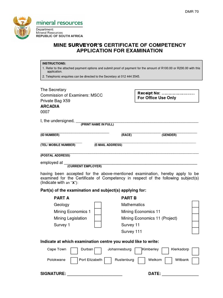 DMR 70 MSCC Application Form For Examination | PDF | Mining | Business