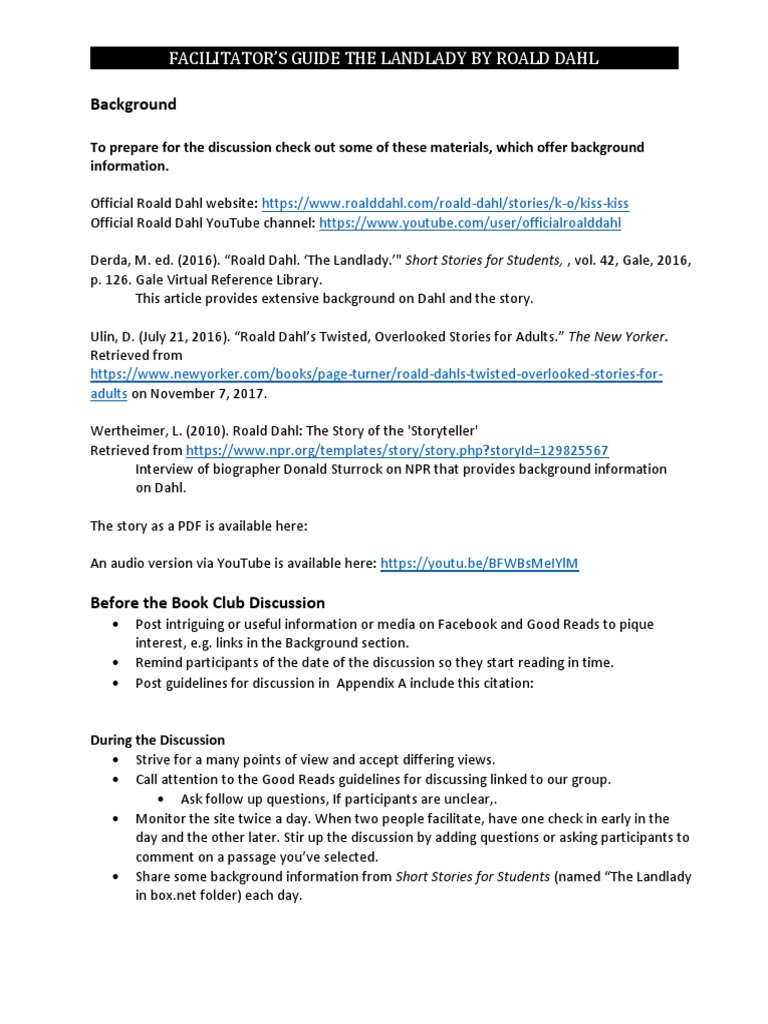 Facilitator's Guide to The Landlady | PDF | Language Arts & Discipline