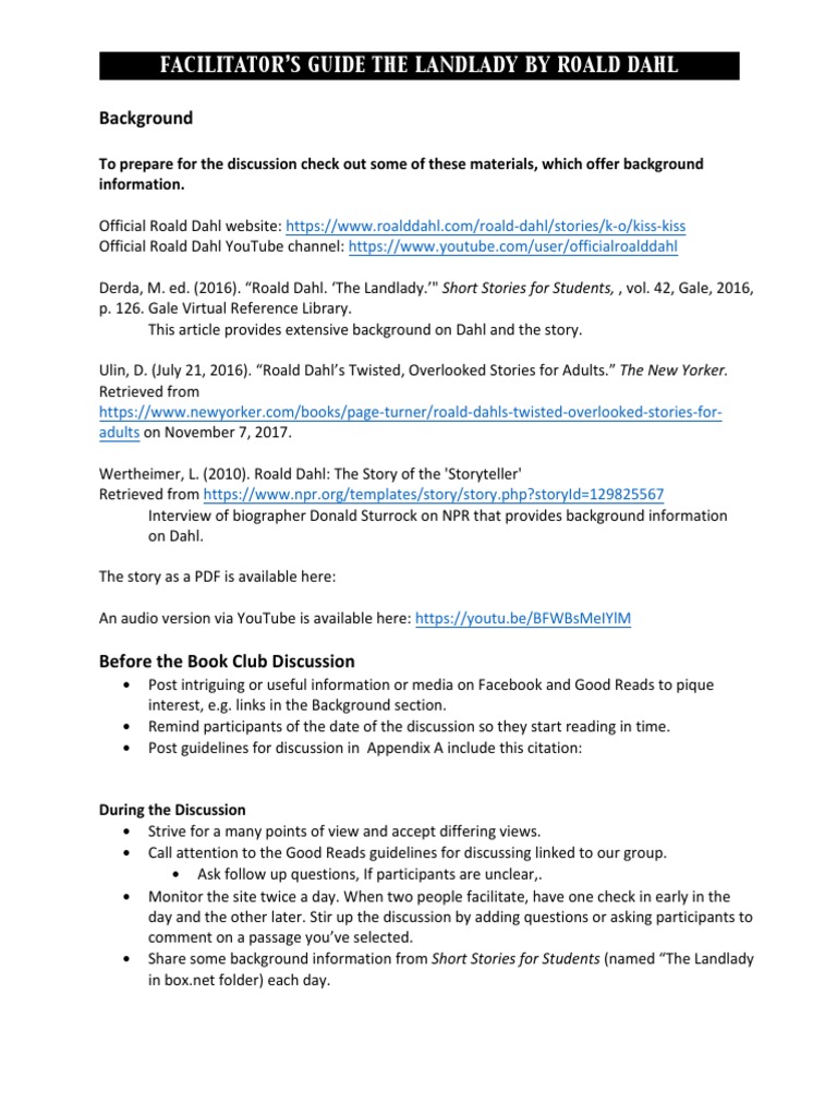 Discussion Guide for "The Landlady" | PDF | You Tube