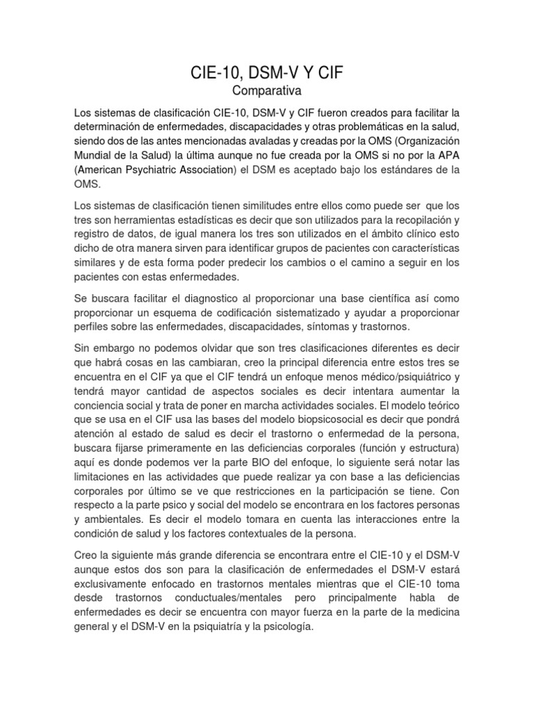 Análisis Comparativo Entre CIE-10, CIF y DSM-V | PDF | Manual Diagnóstico y Estadístico de los ...