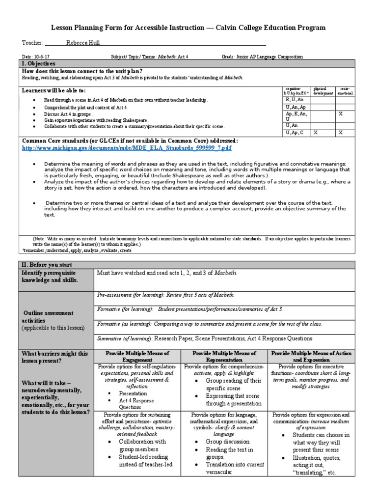 Educ 302 303 Lesson Plan Macbeth Act 4 | PDF | Lesson Plan ...