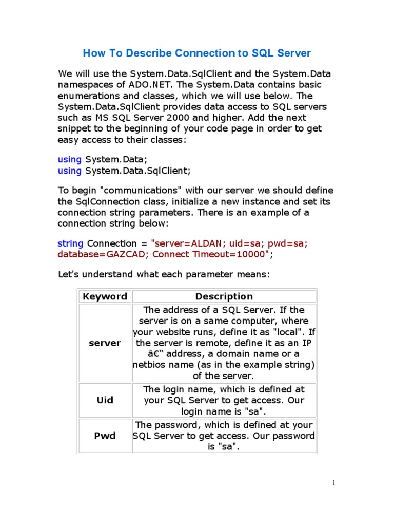 How To Describe Connection To SQL Server: Using Using | PDF | Parameter (Computer Programming ...
