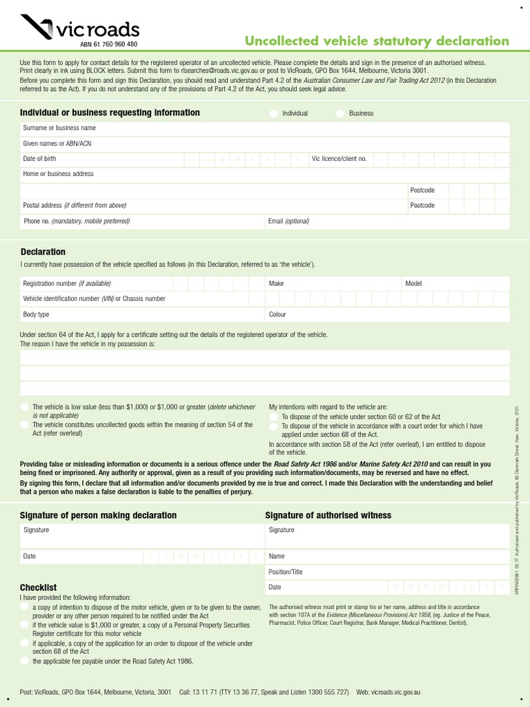 Uncollected Vehicle Statutory Declaration | Perjury | Government