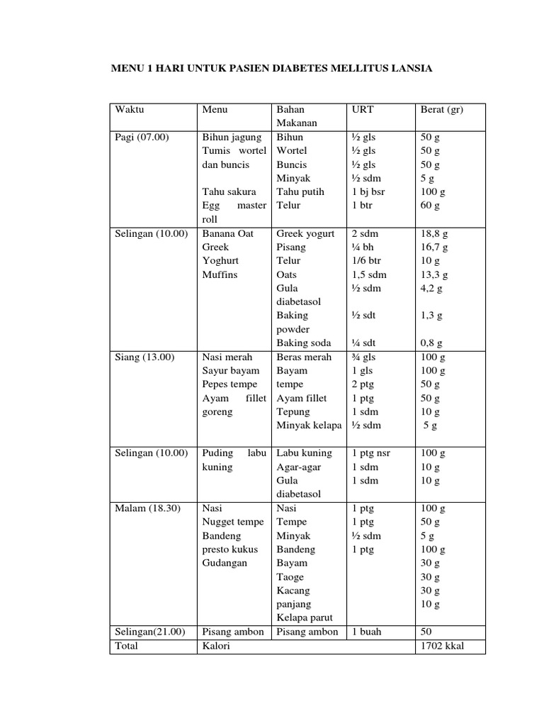 Menu 1 Hari Untuk Pasien Diabetes Mellitus Lansia | PDF