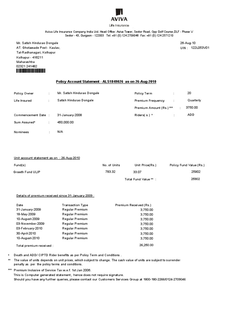 Aviva Life Insurance Policy Statement | PDF