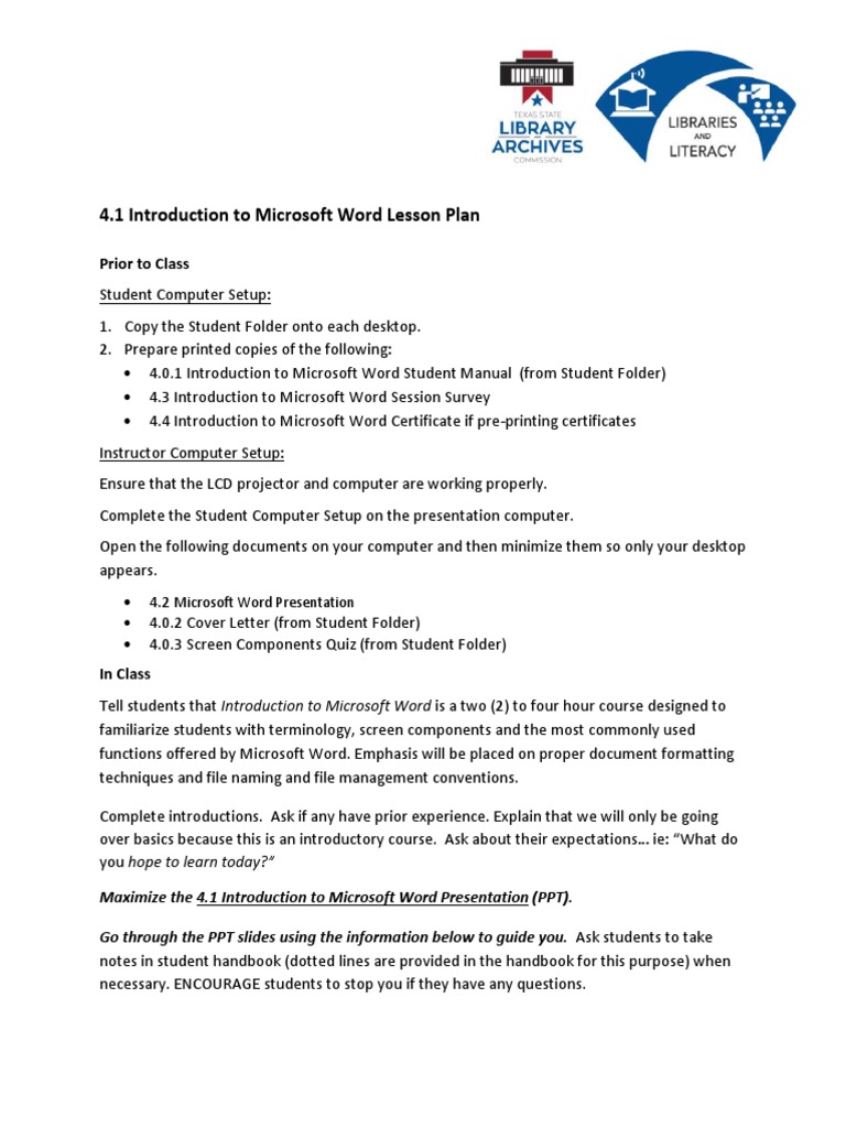 4-1 Introduction To Microsoft Word Lesson Plan | PDF | Microsoft Word ...