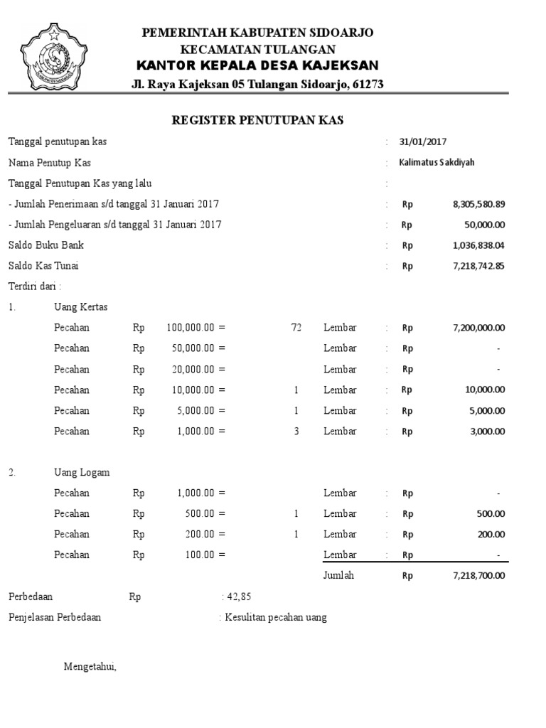 Register Penutupan Kas | PDF