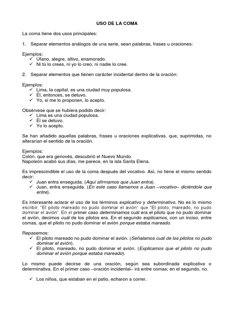 Uso y Ejemplos de la Coma | PDF | Oración (Lingüística) | Idiomas