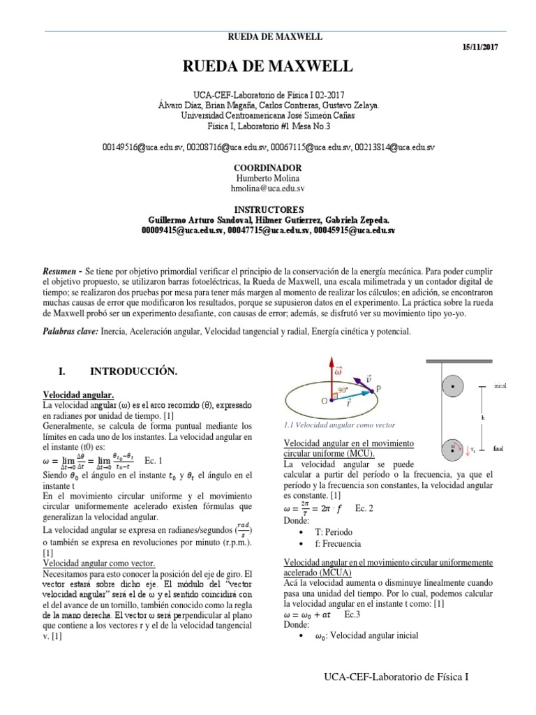 Lfi10bm3 Rueda de Maxwell Reporte UCA | PDF | Movimiento (física) | Medición