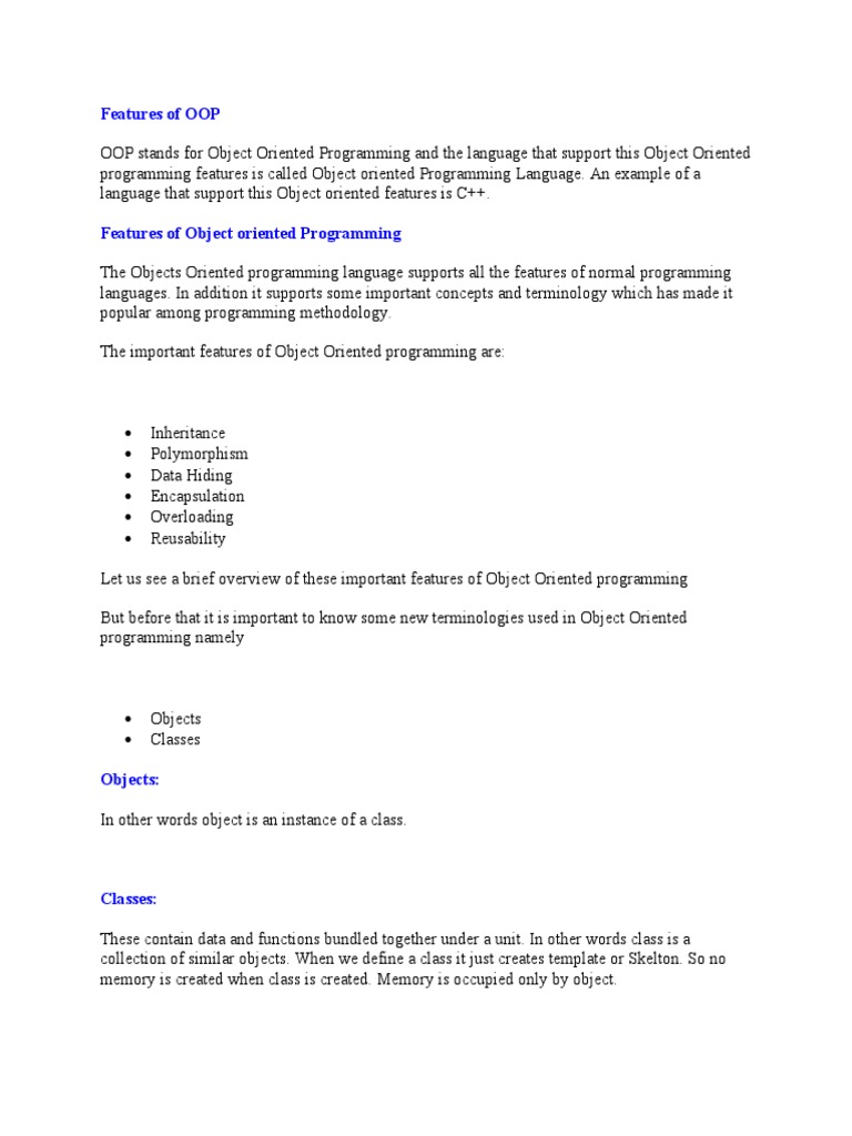 Features of OOP | PDF | Object (Computer Science) | Object Oriented Programming