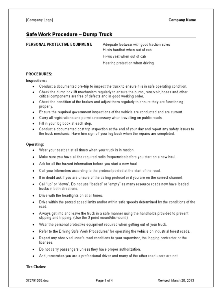 Safe Work Procedure - Dump Truck: Company Name | PDF | Truck | Tire