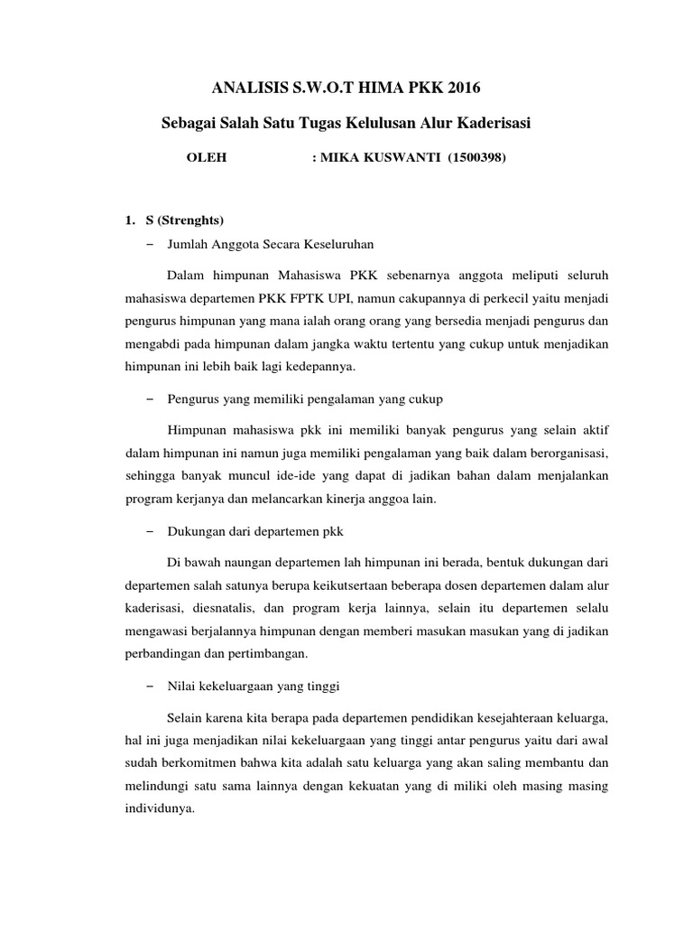 Analisis Swot Hima PKK - Mika Kuswanti | PDF | Karier & Perkembangan