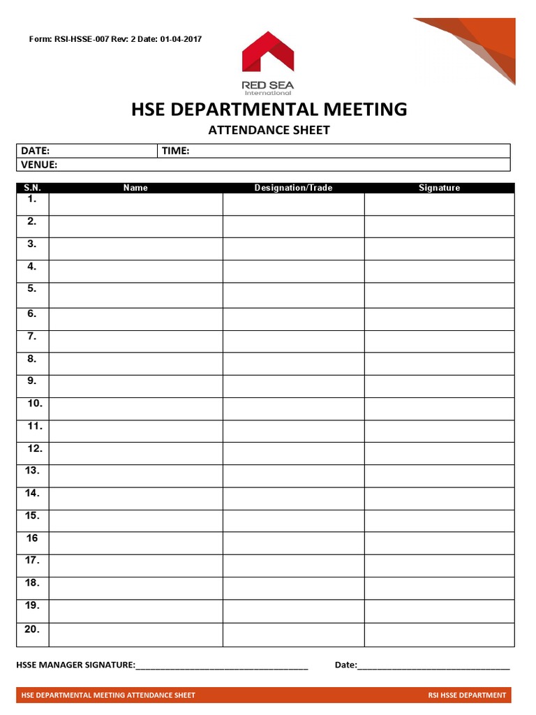 7. Hse Departmental Meeting Attendance Sheet