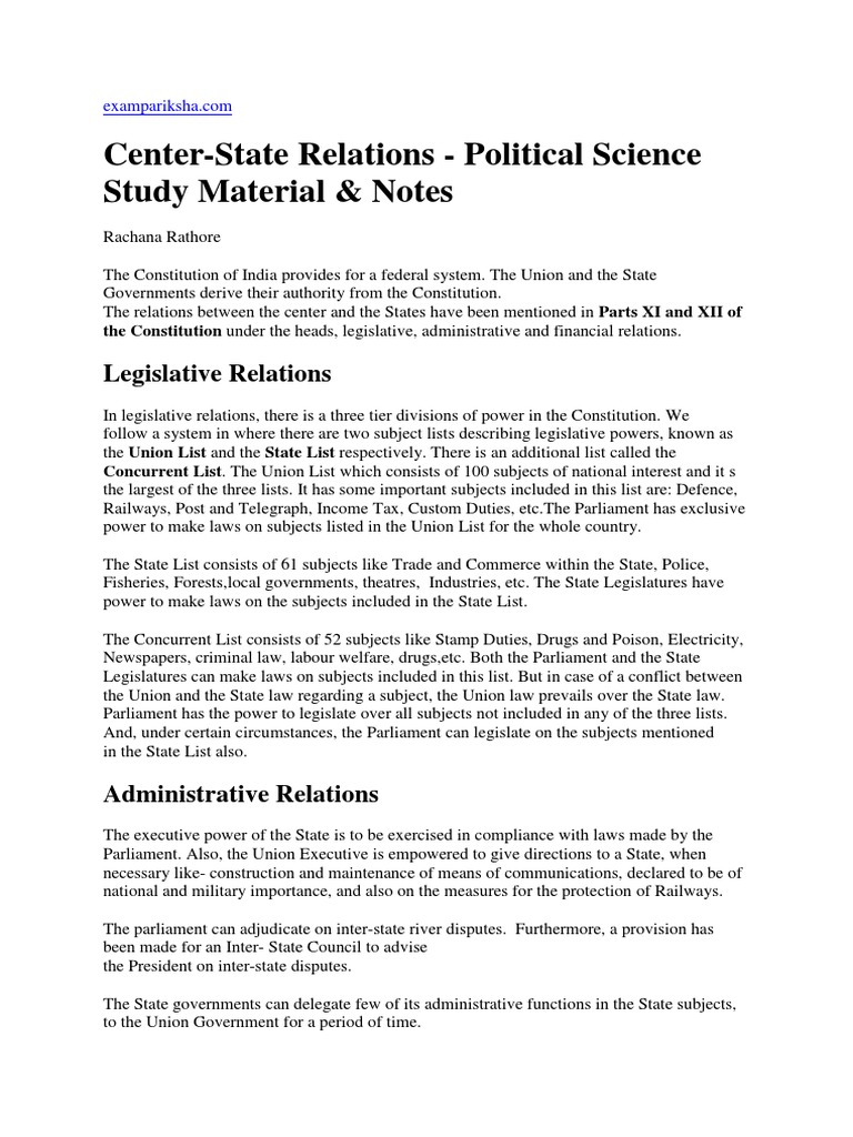 Centre State Relationship | PDF | Government Of India | State Government