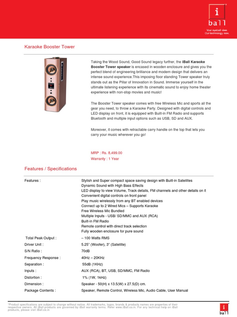 Iball KaraokeBoosterTower | PDF | Loudspeaker | Microphone