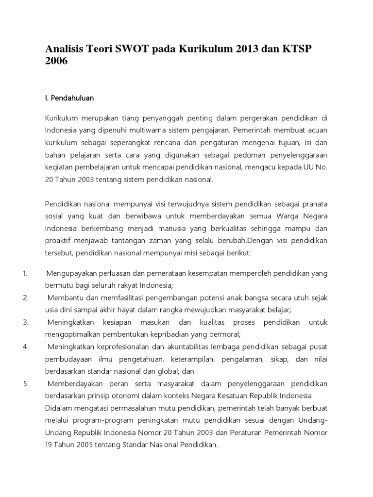 Analisis Teori SWOT Pada Kurikulum 2013 Dan KTSP 2006 | PDF