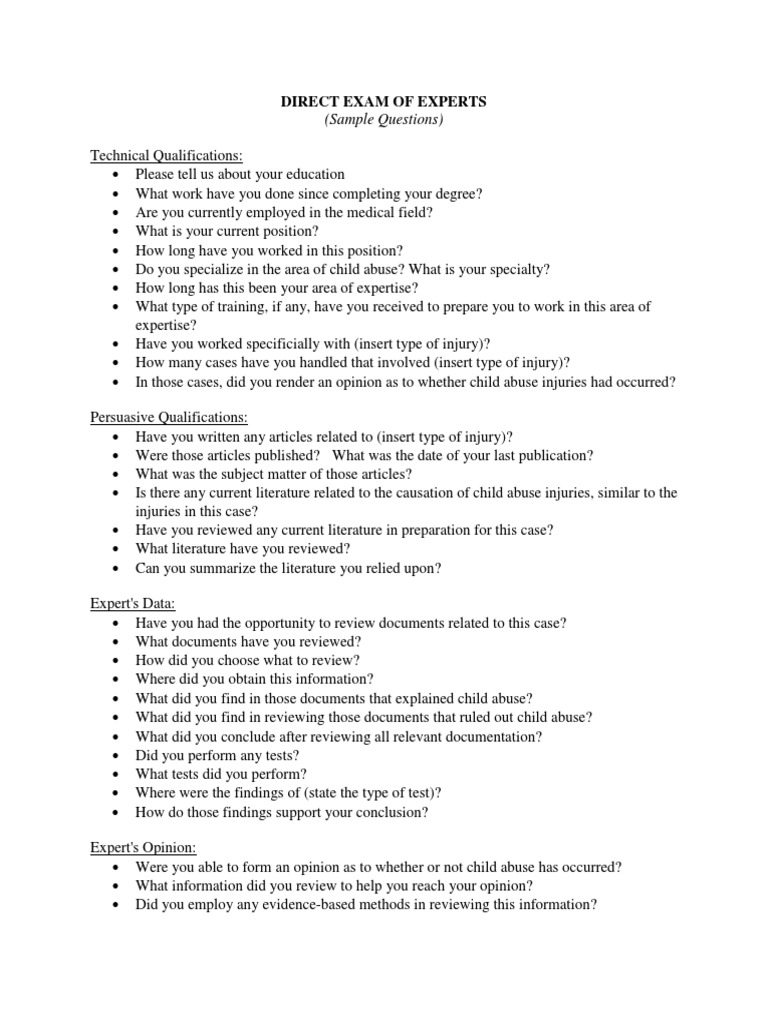 Direct Exam of Experts: (Sample Questions) | Download Free PDF ...