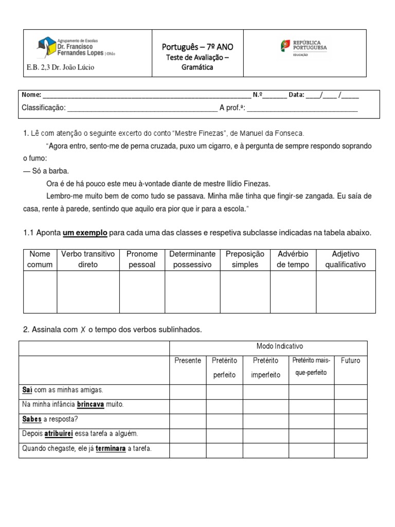 Teste De Avaliação De Português 7o Ano Gramática Pdf Assunto