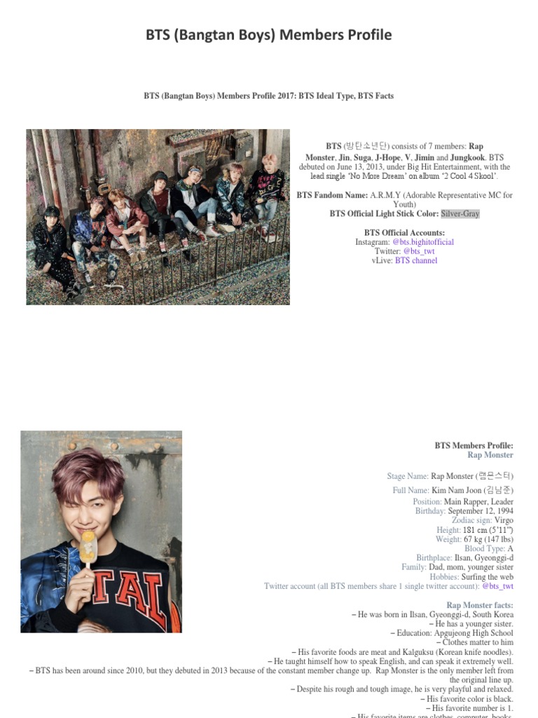 BTS Member Profile | PDF | Leisure | Entertainment (General)