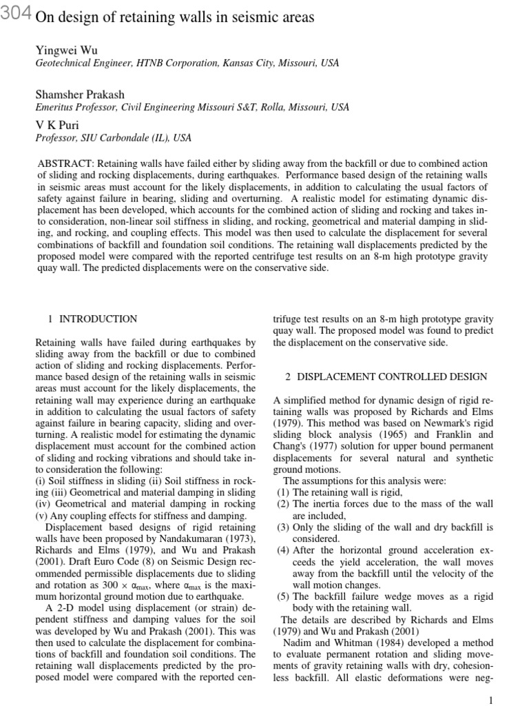 On Design of Retaining Walls in Seismic Areas PDF | PDF | Geotechnical Engineering | Earthquakes