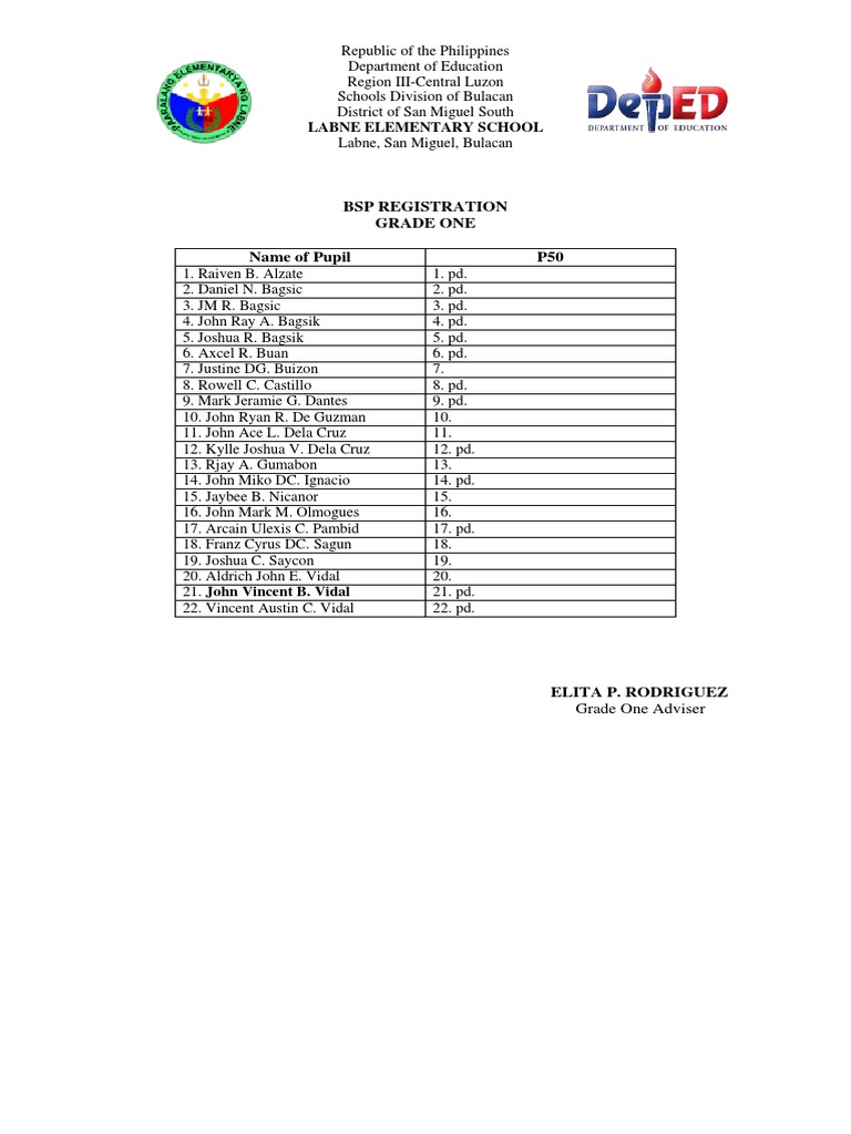 BSP Registration Grade One Name of Pupil P50: Labne Elementary School | PDF