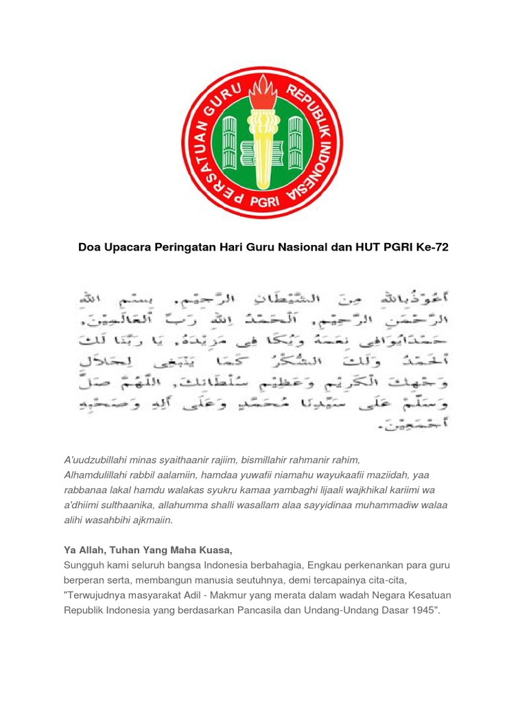 Doa Upacara Peringatan Hari Guru Nasional Dan HUT PGRI Ke | PDF | Pengembangan Diri | Agama ...