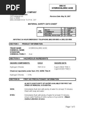 Hcl Msds MSDS Of HCL | PDF | Hydrochloric Acid | Oxygen