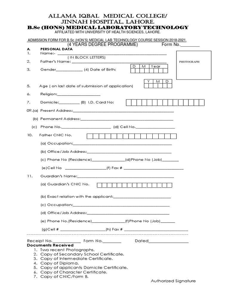 1B SC MLT Admission Form With Challan Form | PDF | Bachelor Of Science ...