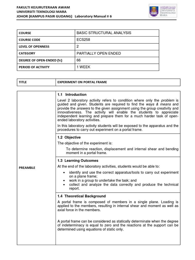 Portal Frame Experiment Report Guide | PDF | Experiment | Laboratories