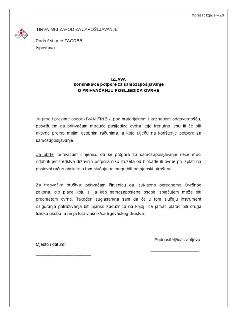 05 Izjava o Prihvaćanju Posljedica Ovrhe | PDF