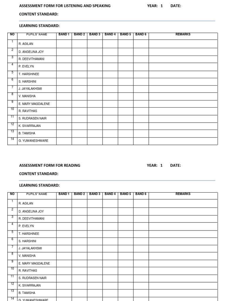 Assessment Form For Year 1 | PDF