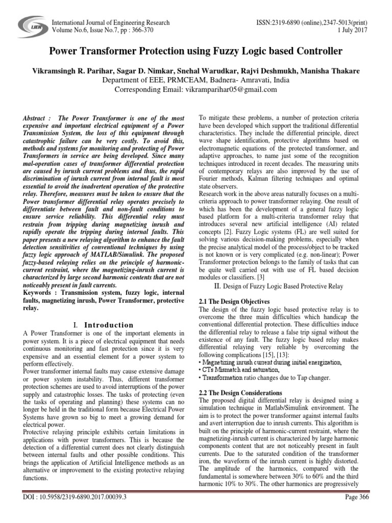 Power Transformer Protection Using Fuzzy Logic Based Controller | PDF | Transformer | Relay