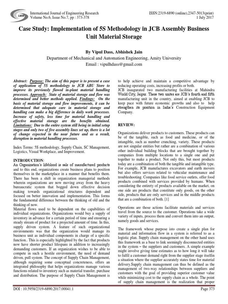 Case Study: Implementation of 5S Methodology in JCB Assembly Business ...