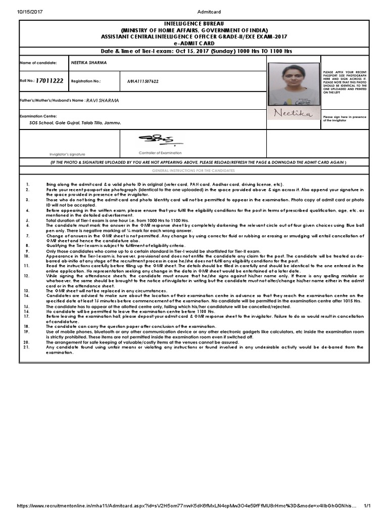 Admit Card | PDF | Identity Document | Government Information