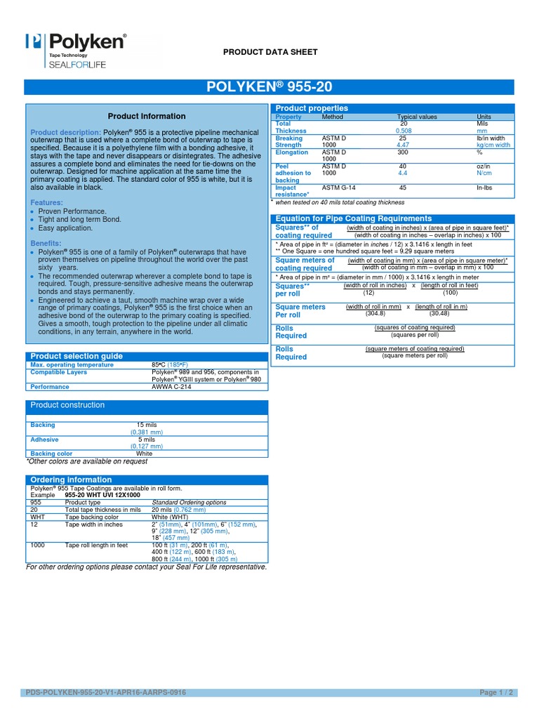 PDS Polyken 955 20 V1 Apr16 Aarps 0916 | PDF | Foot (Unit) | Pipe ...