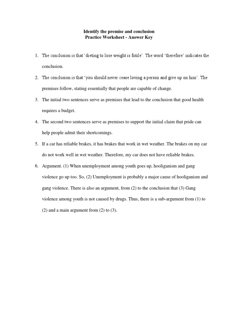 Identify The Premise and Conclusion Practice Worksheet - Answer Key | PDF