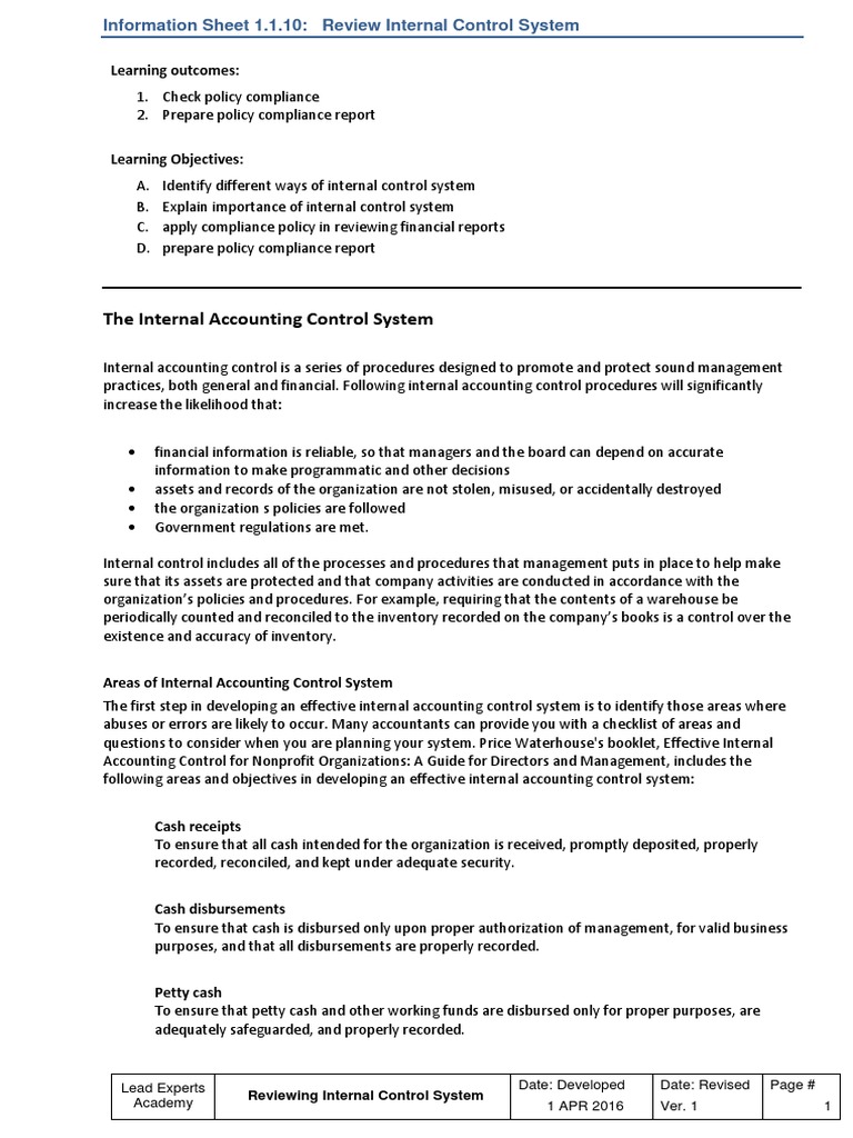 Information Sheet - BKKPG-10 - Review Internal Control | PDF | Internal Control | Cheque