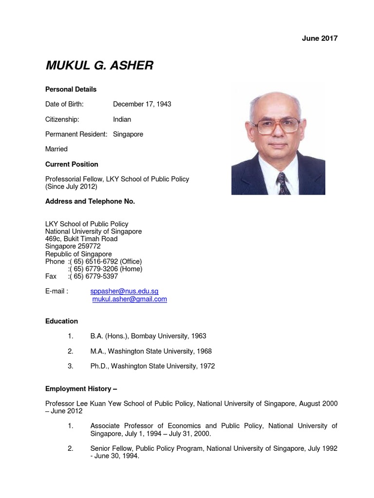 CV Mukul G. Asher | PDF | World Bank | Singapore