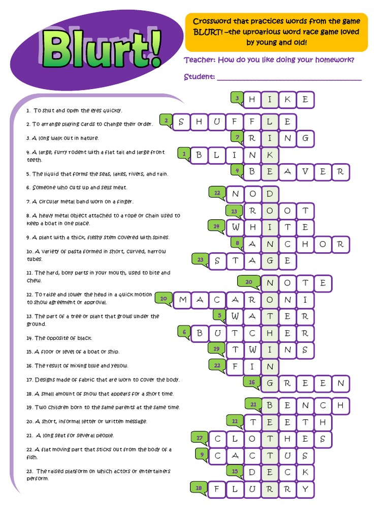 Blurt Crossword Key Fun Activities Games Reading Comprehension Exercis ...