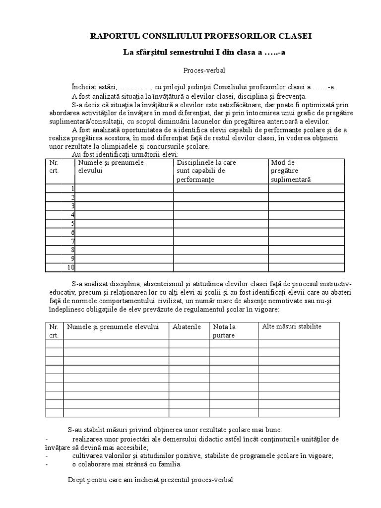 1 Model de Raport Al Consiliului Profesorilor Clasei Sem I Si II | PDF