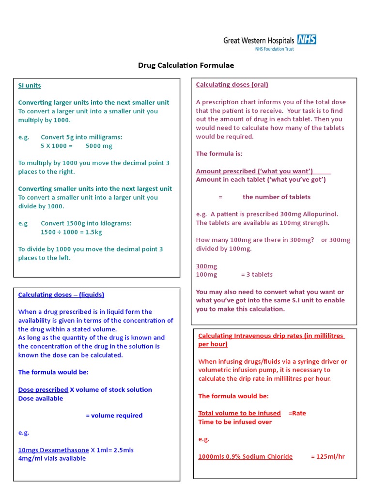 Adult Drug Calculations Formulae (To Be Given With Test) | PDF ...